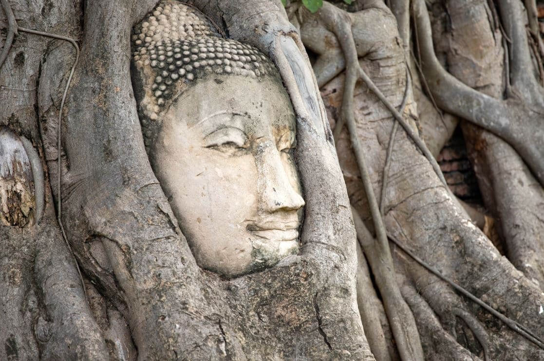 Ayutthaya Buddha Head in Tree Roots, Buddhist temple Wat Mahatha